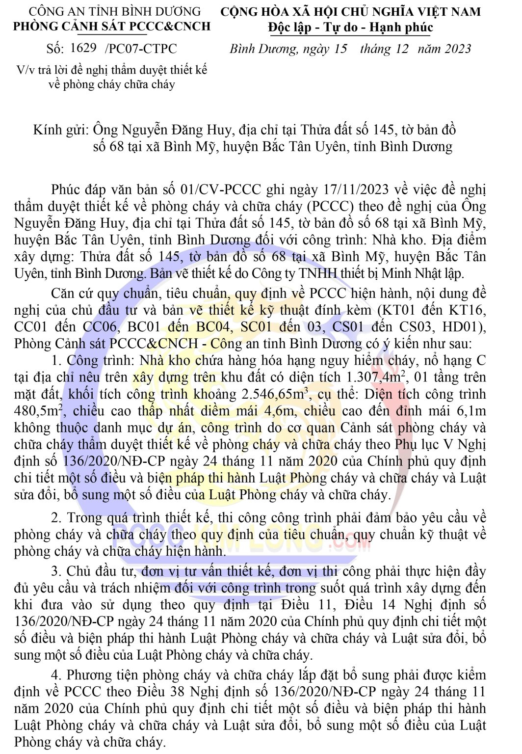 CÔNG VĂN CÔNG TRÌNH KHÔNG ĐỦ ĐIỀU KIỆN THẨM DUYỆT PCCC - PPCC KIM LONG